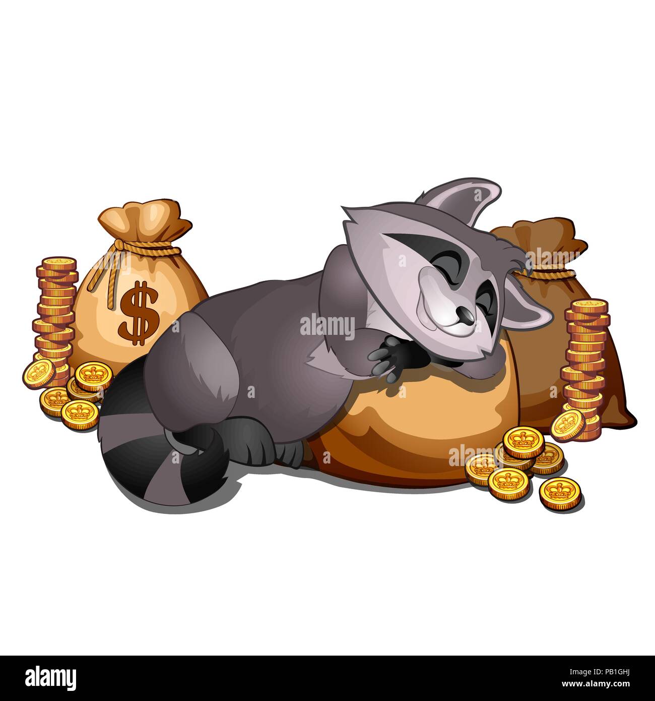 Rich raccoon sleeping on a sack of gold coins isolated on white ...
