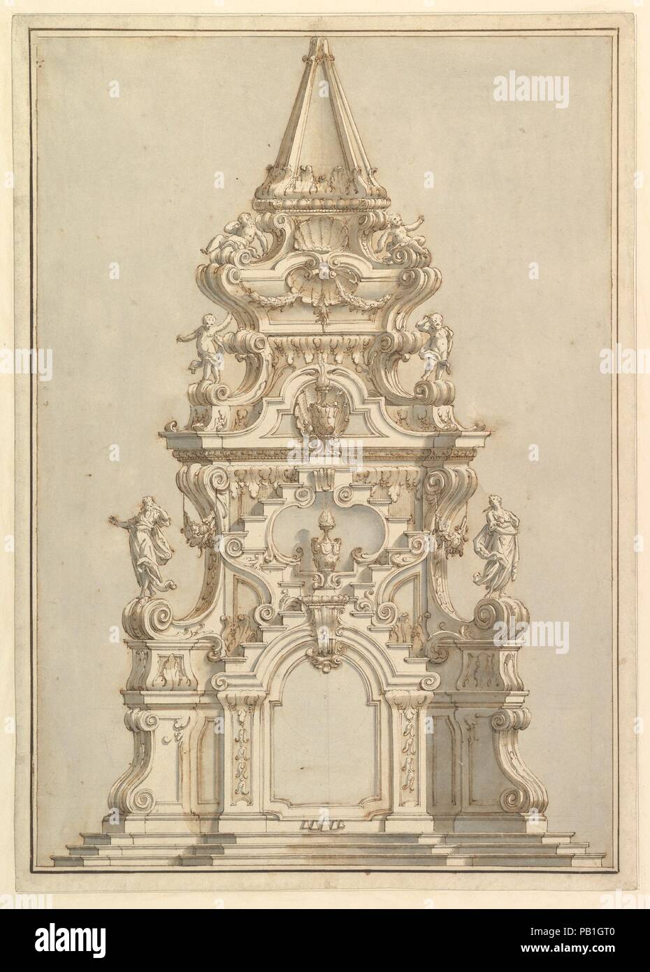 Elevation for a Catafalque Surmounted by Squat Obelisk, Decorated with ...