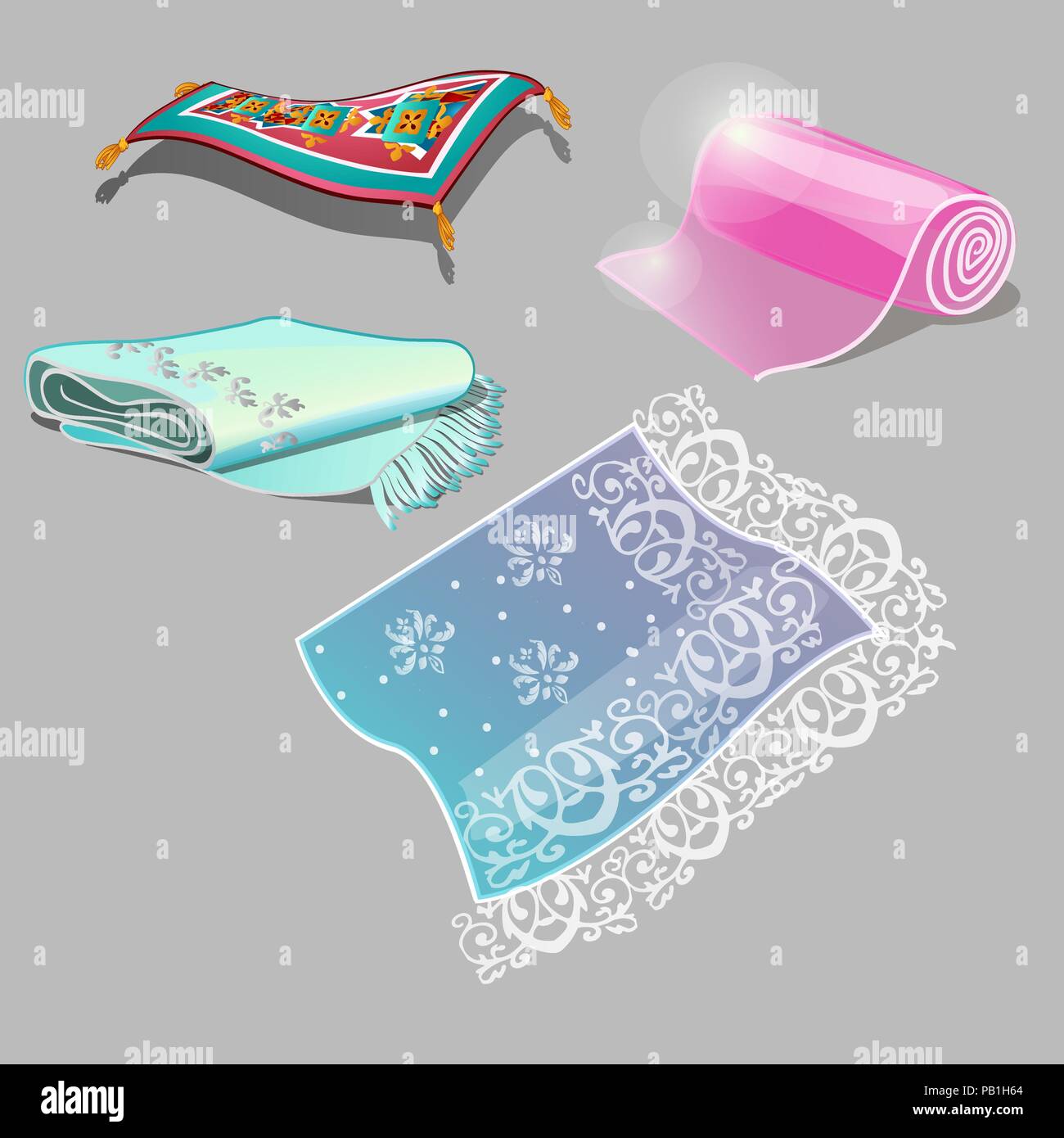 Set fabrics, Oriental rugs isolated on gray background. Vector cartoon ...