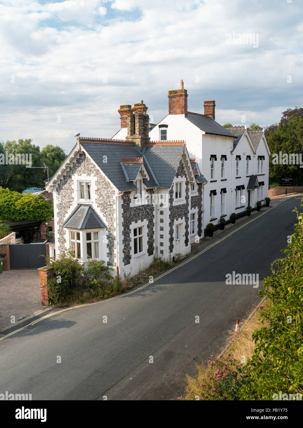View from above of historic houses in Puddingmoor, Beccles, Suffolk, UK ...