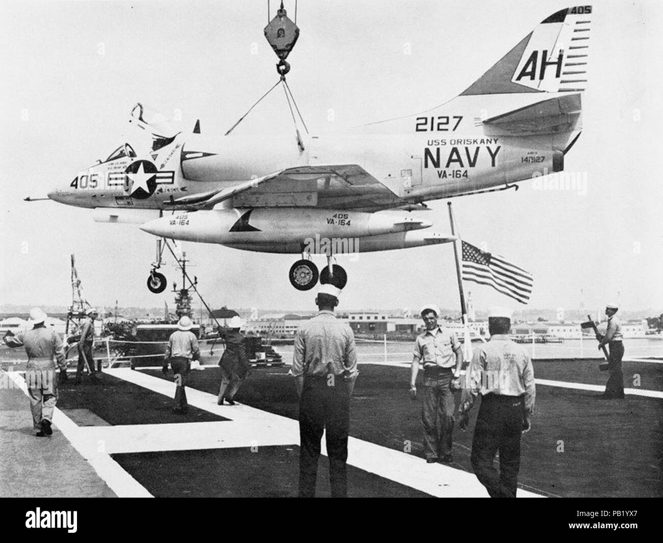A4D-2 of VA-164 is craned aboard USS Oriskany (CVA-34) 1962 Stock Photo ...
