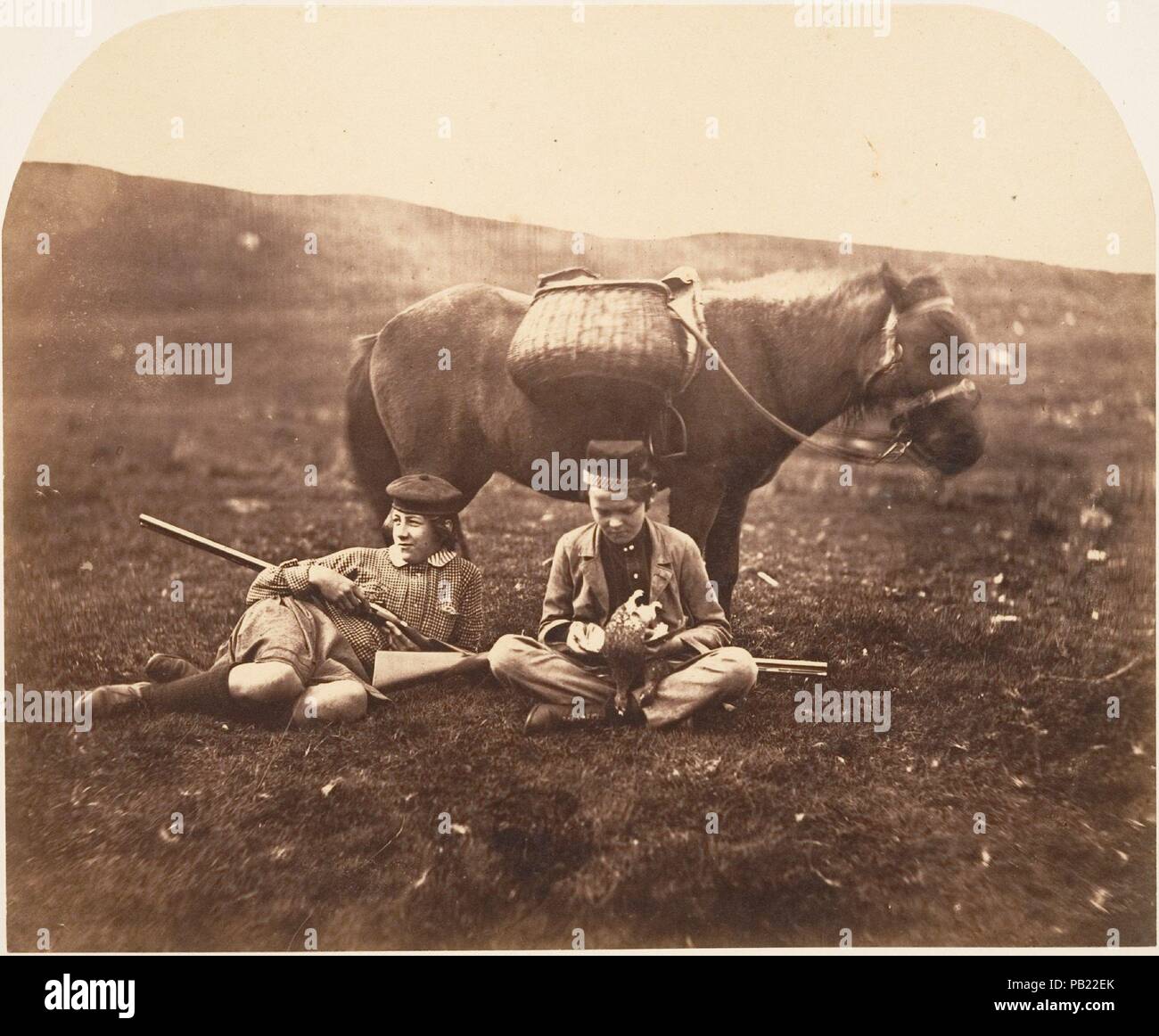 [Charlie and Peel Ross with Horse after a Hunt]. Artist: Horatio Ross ...