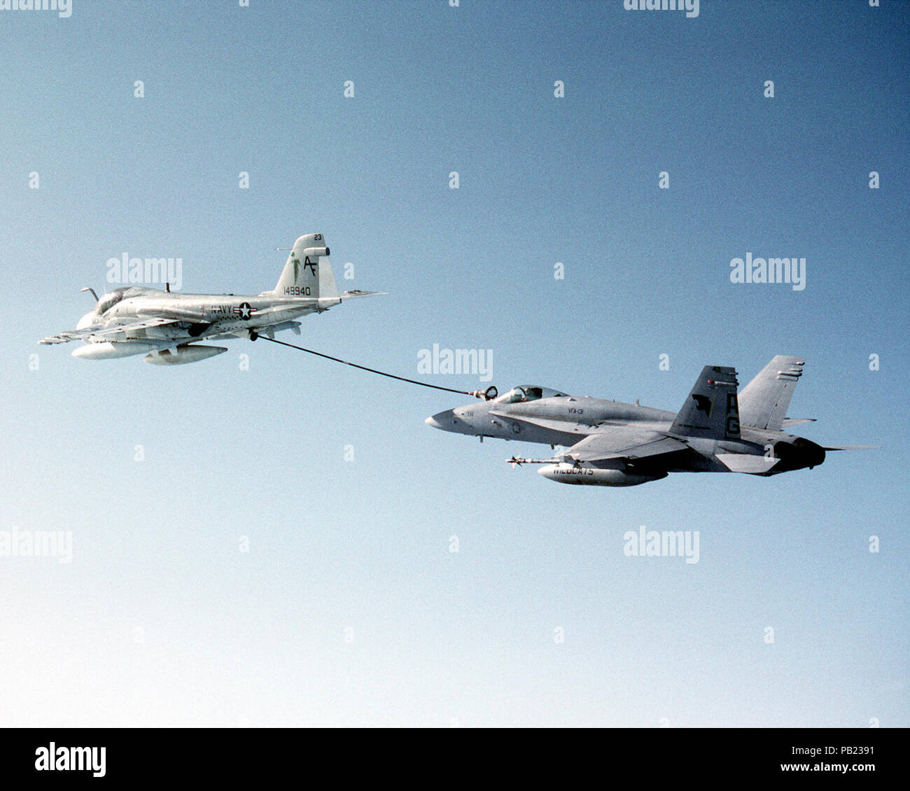 A-18C Hornet aircraft refueling from a KA-6D Intruder. An air-to-air ...