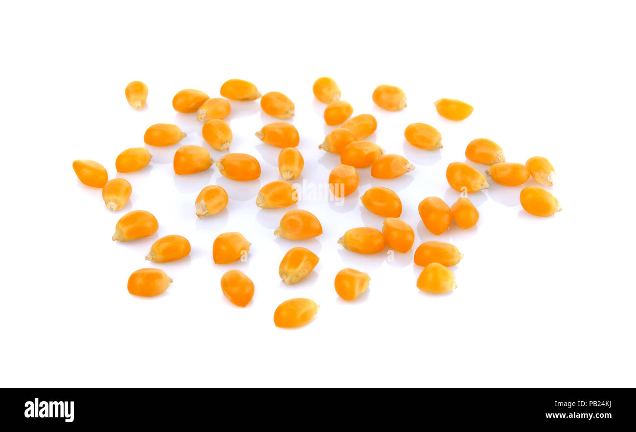 Dried yellow corn kernels on white background Stock Photo - Alamy
