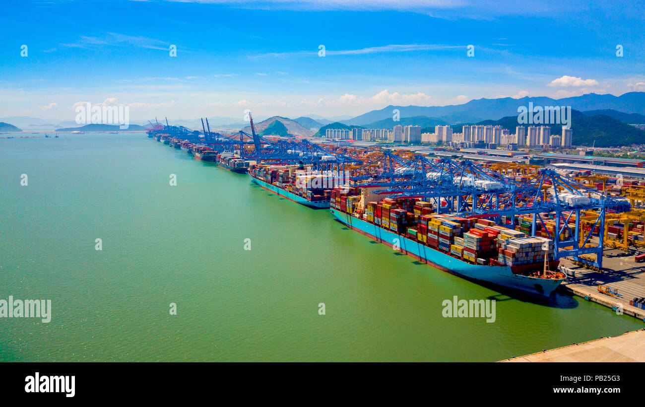 Aerial view of Busan new port of South Korea. Container ship in import ...