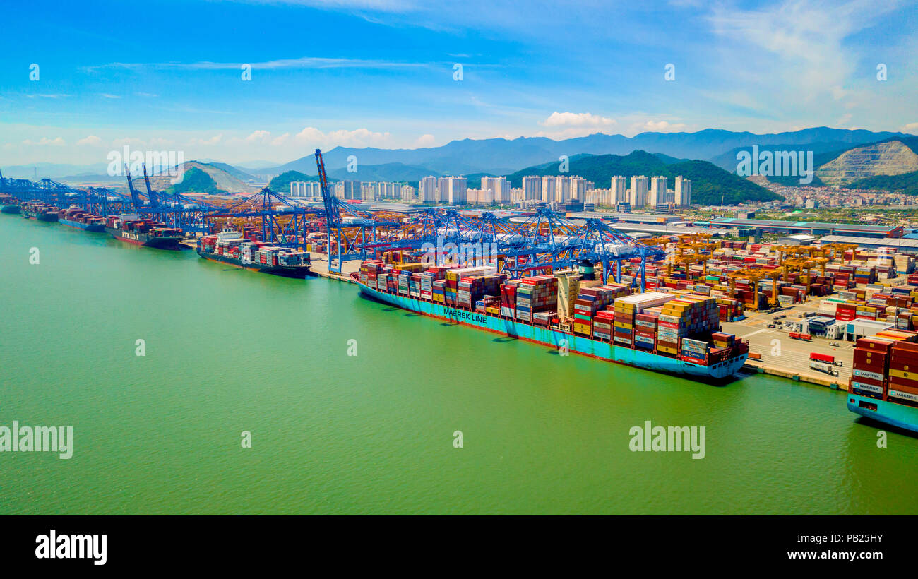 Aerial view of Busan new port of South Korea. Container ship in import ...