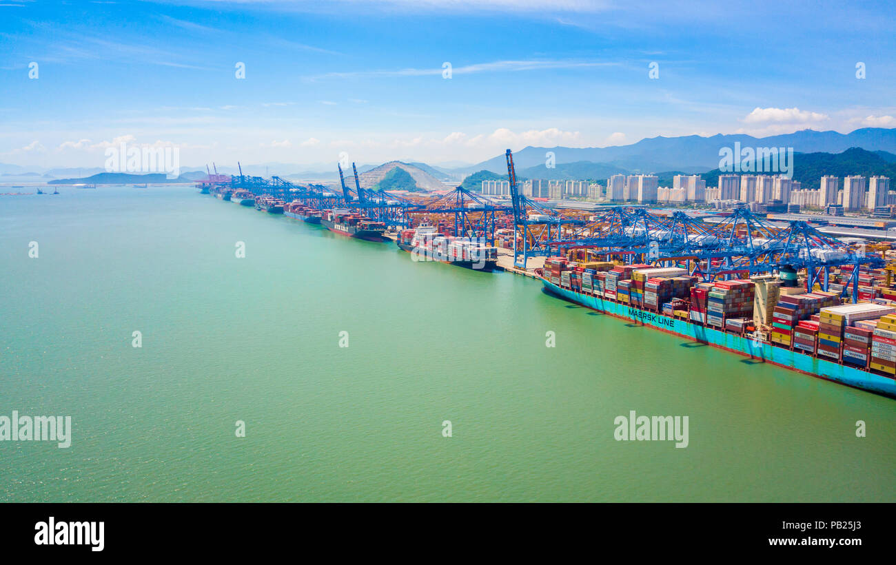 Aerial view of Busan new port of South Korea. Container ship in import ...