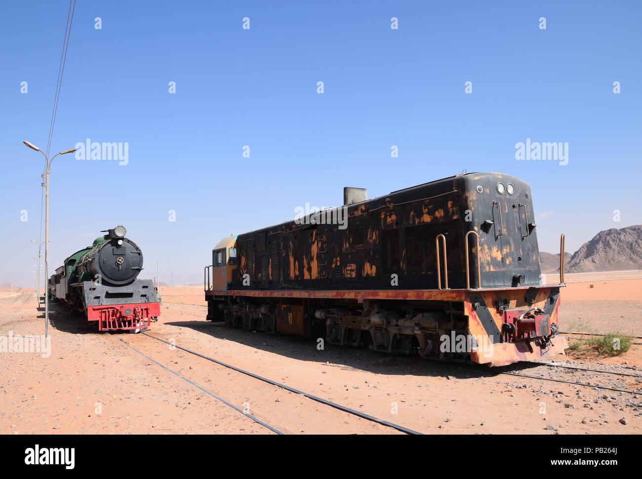 Abandoned wadi rum desert train station cargo and steam train Stock ...