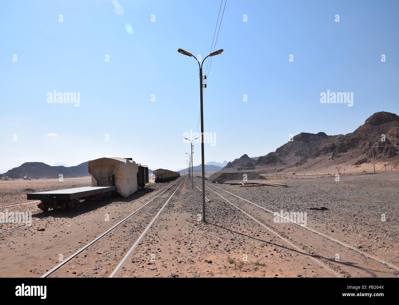 Abandoned wadi rum desert train station cargo and steam train Stock ...