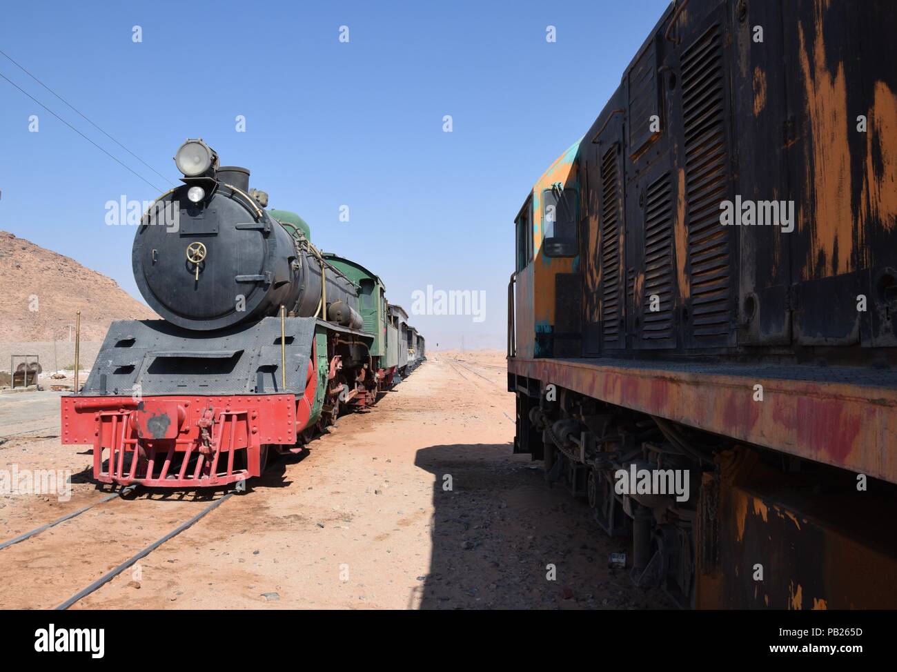 Abandoned wadi rum desert train station cargo and steam train Stock ...