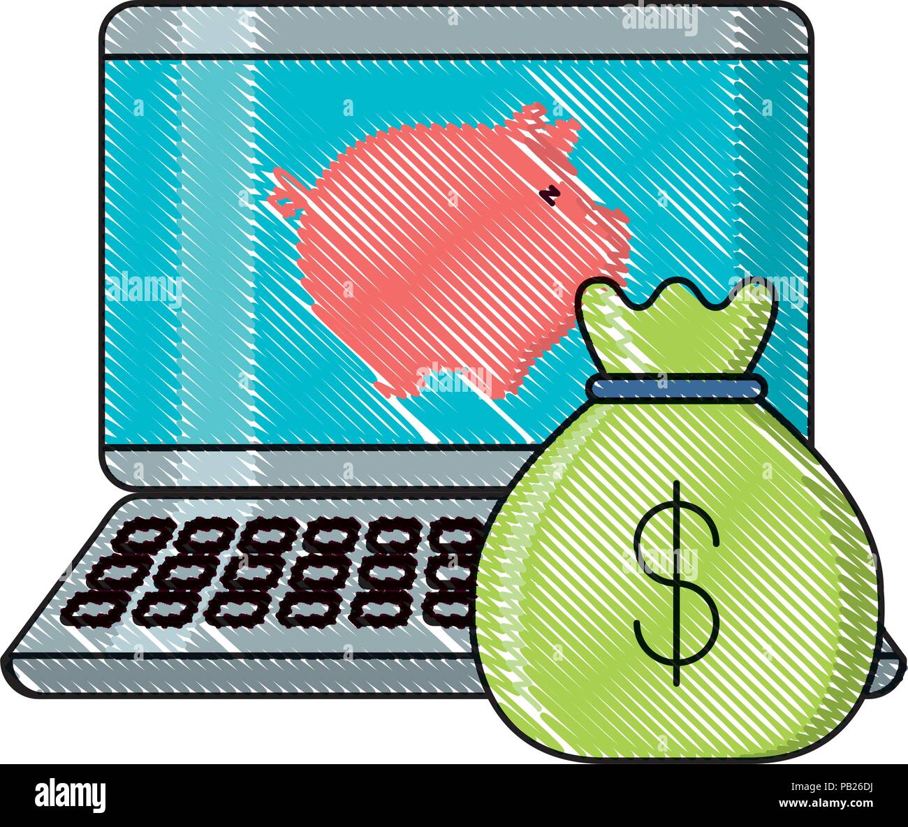laptop computer and money sack icon over white background, vector ...