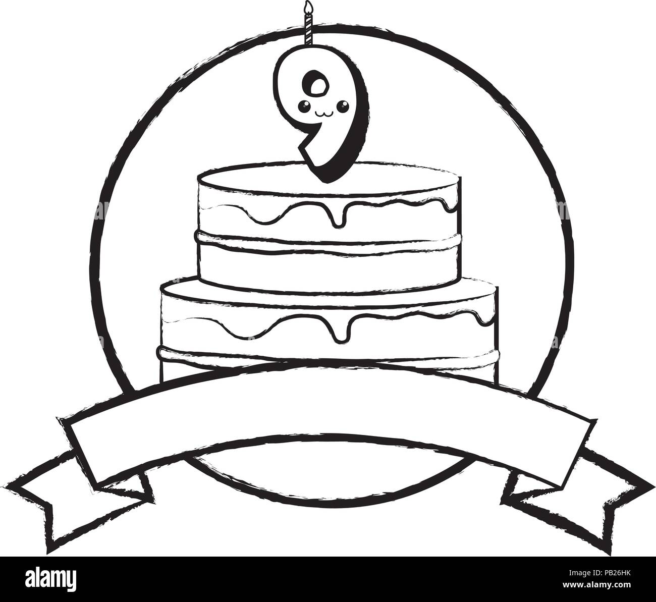 Birthday cake with number nine candle over white background, vector ...