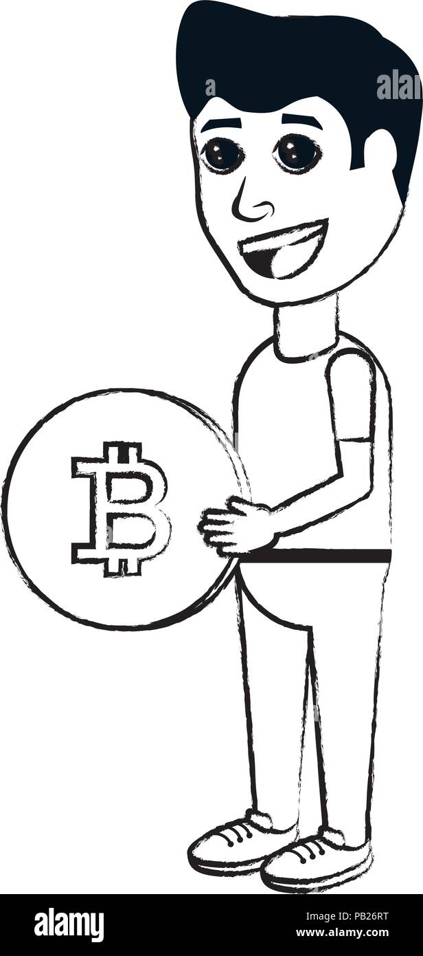 cartoon man holding a bitcoin coin over white background, vector ...