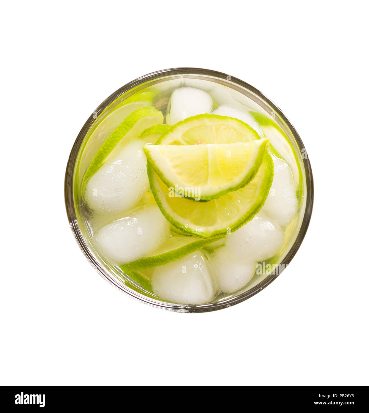 refreshing lemonade with green lemon and ice isolated on white ...