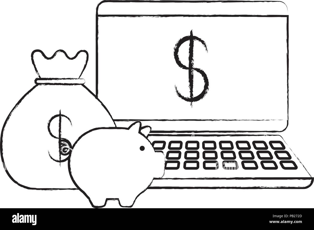 laptop computer and money sack icon over white background, vector ...