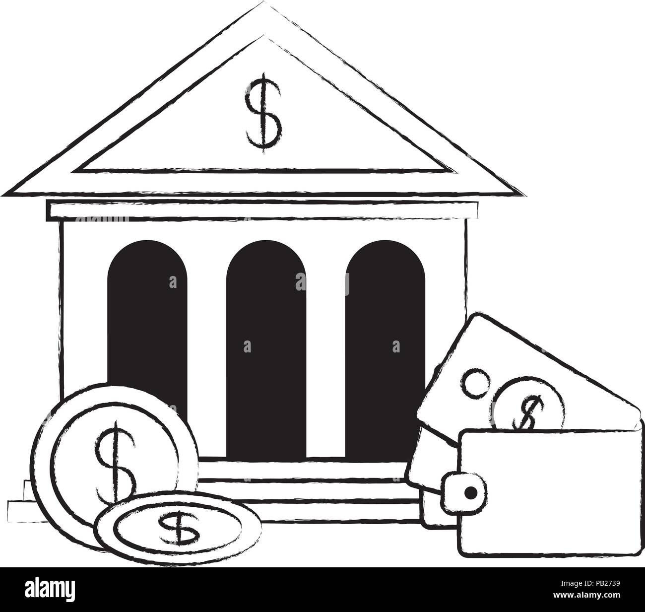 bank building with coins and wallet with money over white background ...