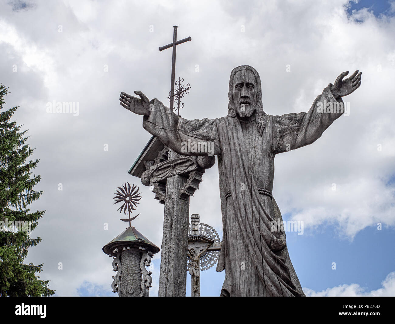Wooden Jesus Christ figure on the Hill of Crosses, Lithuania Stock ...