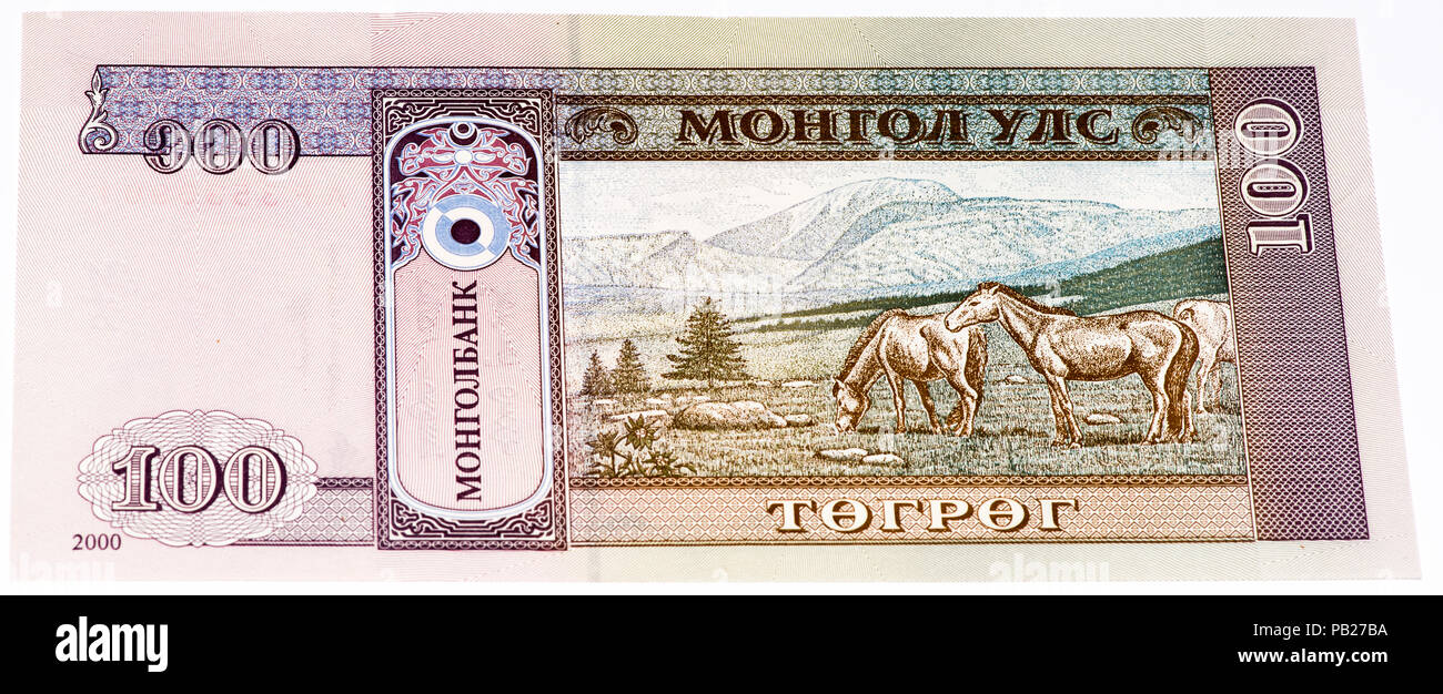 VELIKIE LUKI, RUSSIA - JULY 30, 2015: 100 togrog bank note. Togrog is ...