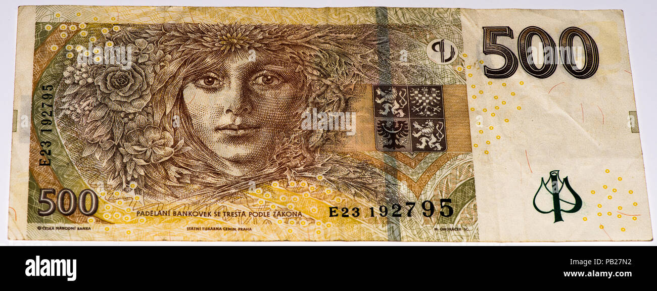 VELIKIE LUKI, RUSSIA - JULY 30, 2015: 500 Czech crowns bank note. Crown ...