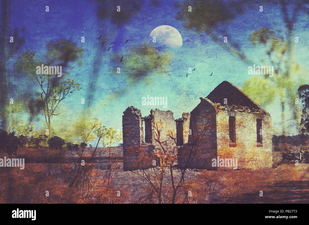 Historic abandoned St Marys Church ruins. Grunge textured digital photo ...