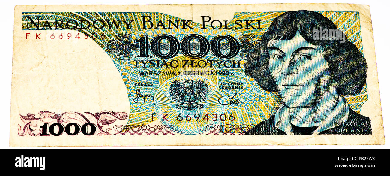 VELIKIE LUKI, RUSSIA - JULY 30, 2015: 1000 Polish zloty bank note ...
