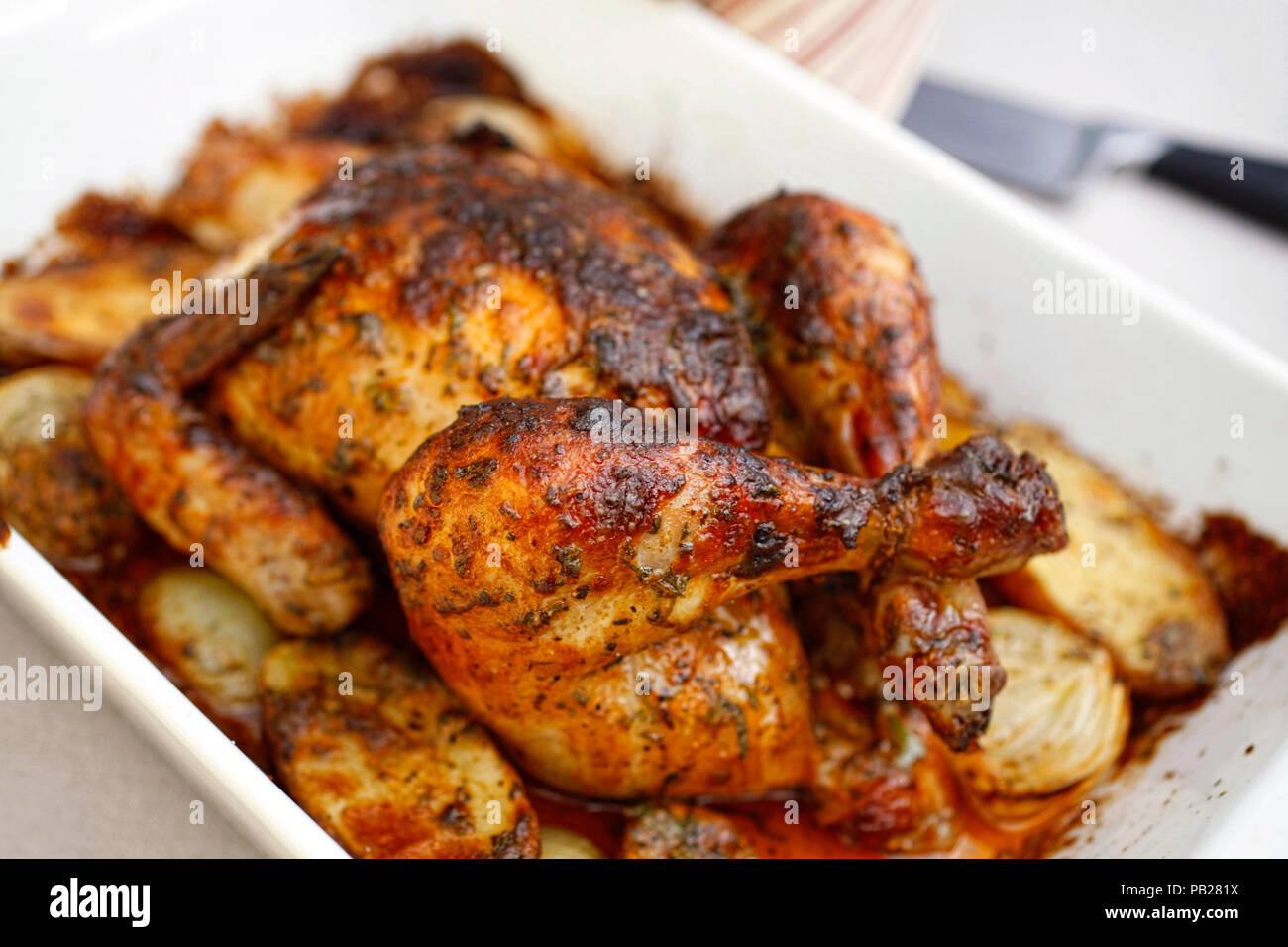 homemade roast chicken, horizontal, white tray Stock Photo - Alamy
