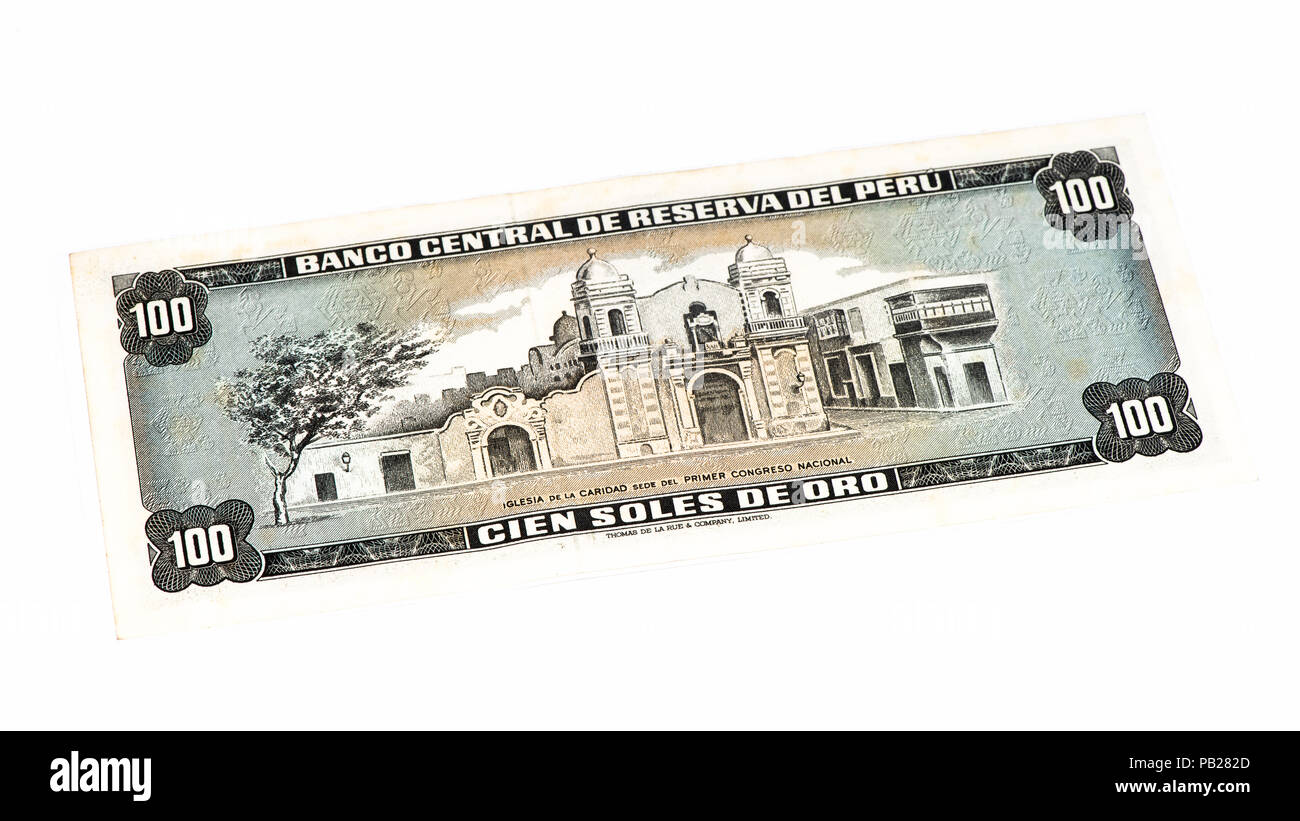 100 soles de oro bank note. Soles de oro is the national currency of ...