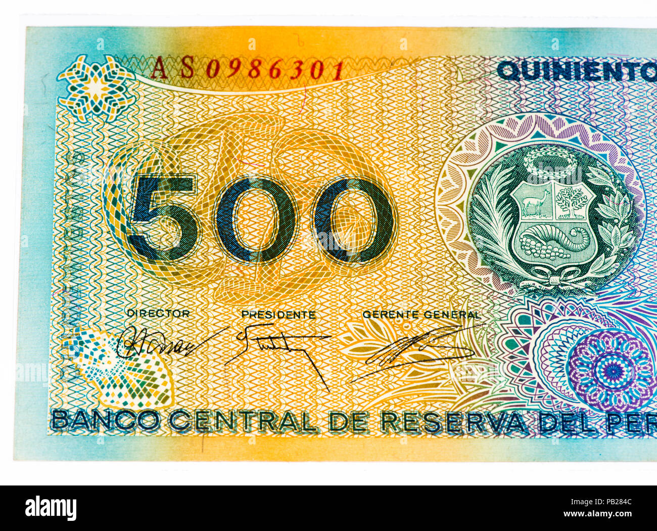 500 soles de oro bank note. Soles de oro is the national currency of ...