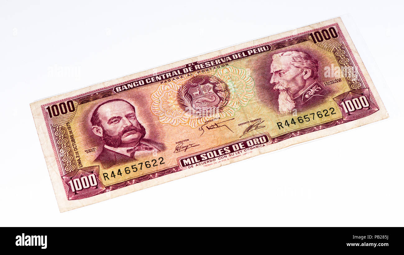 1000 soles de oro bank note. Soles de oro is the national currency of ...