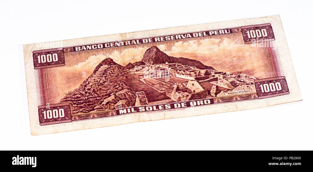 1000 soles de oro bank note. Soles de oro is the national currency of ...