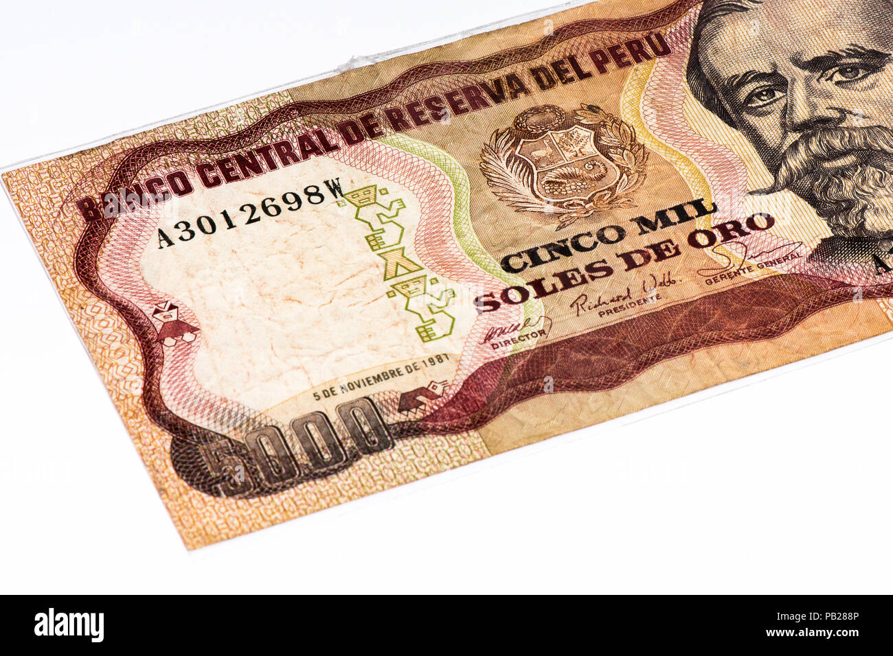 5000 soles de oro bank note. Soles de oro is the national currency of ...