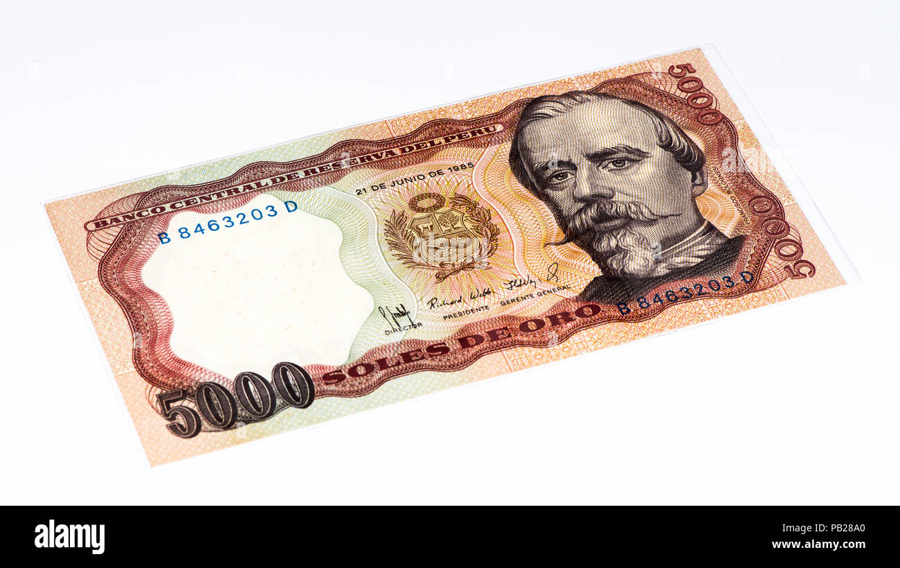 5000 soles de oro bank note. Soles de oro is the national currency of ...