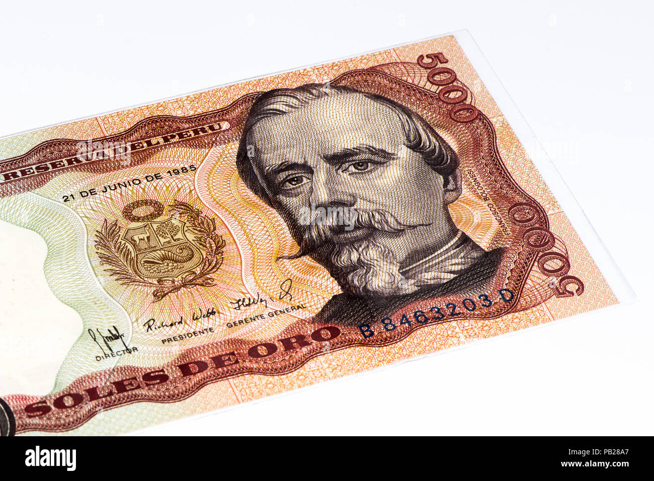 5000 soles de oro bank note. Soles de oro is the national currency of ...