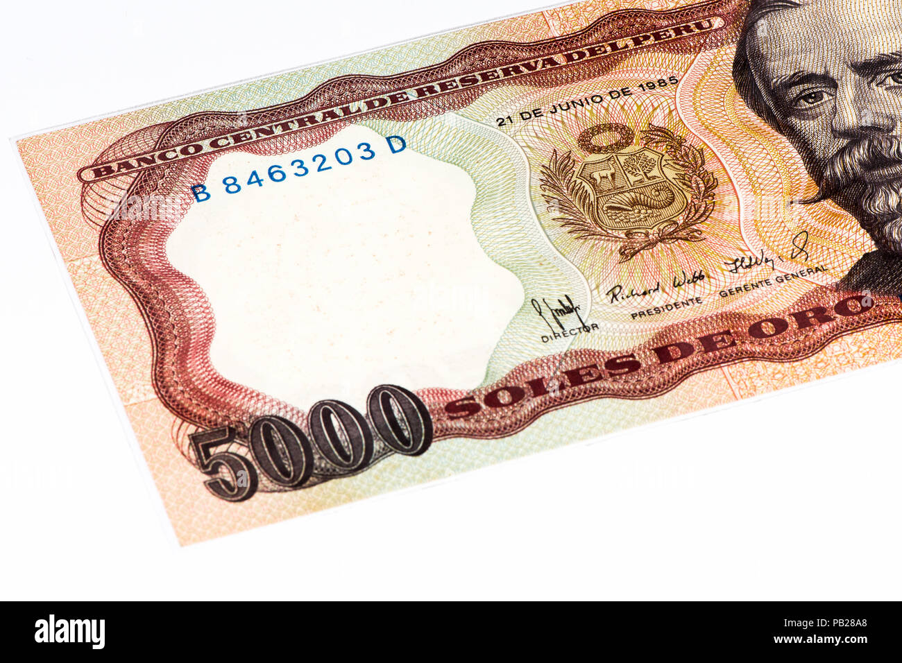 5000 soles de oro bank note. Soles de oro is the national currency of ...