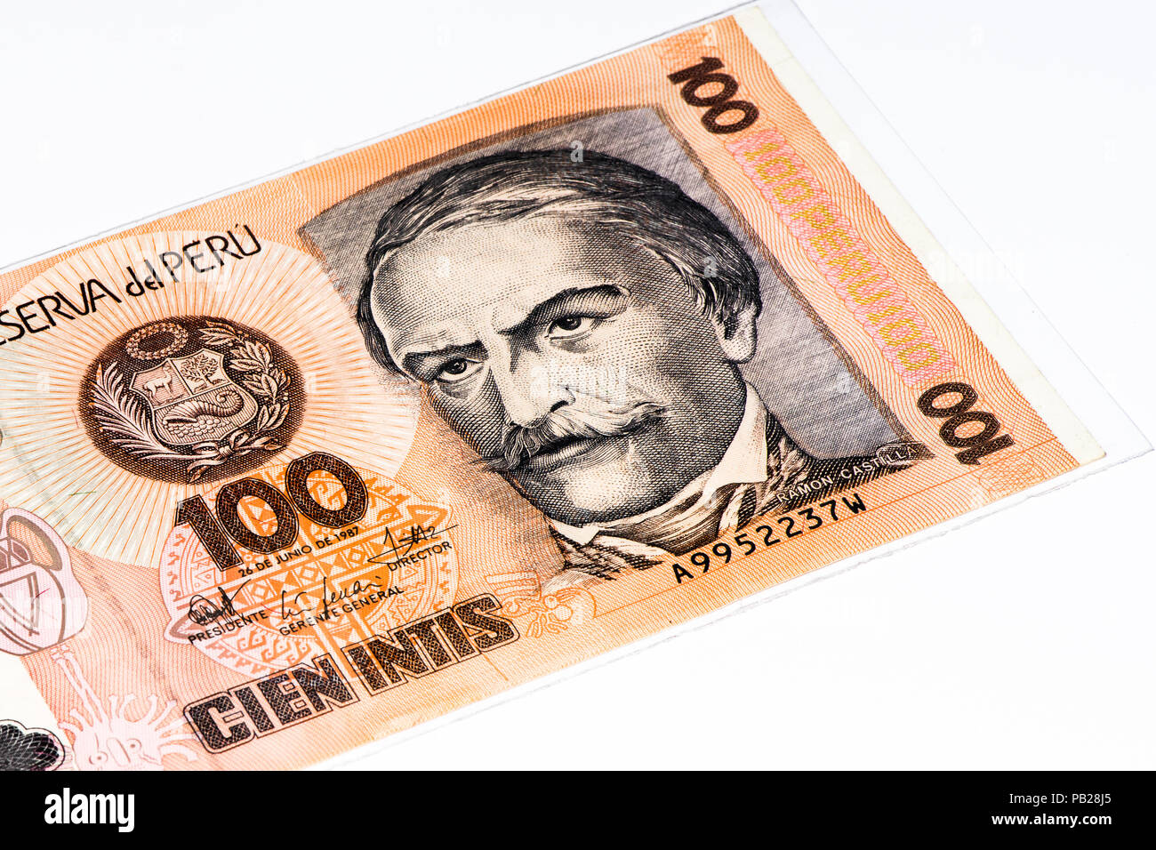 100 intis bank note. Inti is the former currency of Peru Stock Photo ...