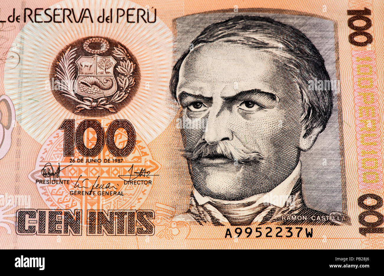 100 intis bank note. Inti is the former currency of Peru Stock Photo ...
