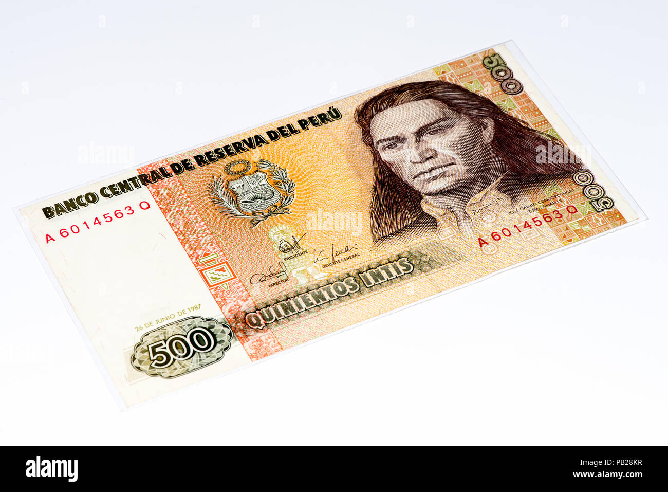 500 intis bank note. Inti is the former currency of Peru Stock Photo ...