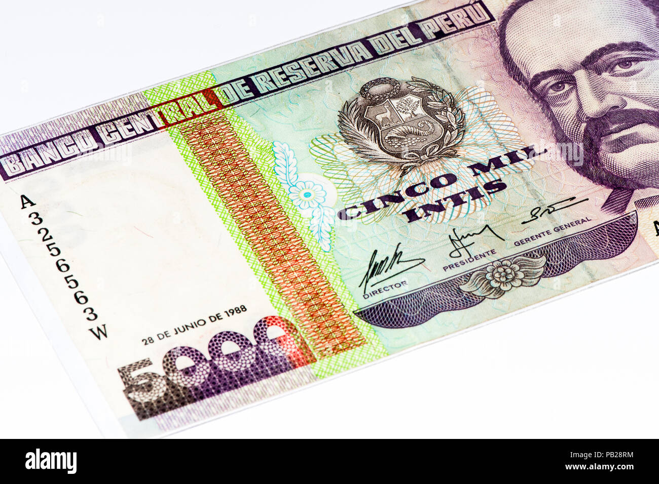 5000 intis bank note. Inti is the former currency of Peru Stock Photo ...