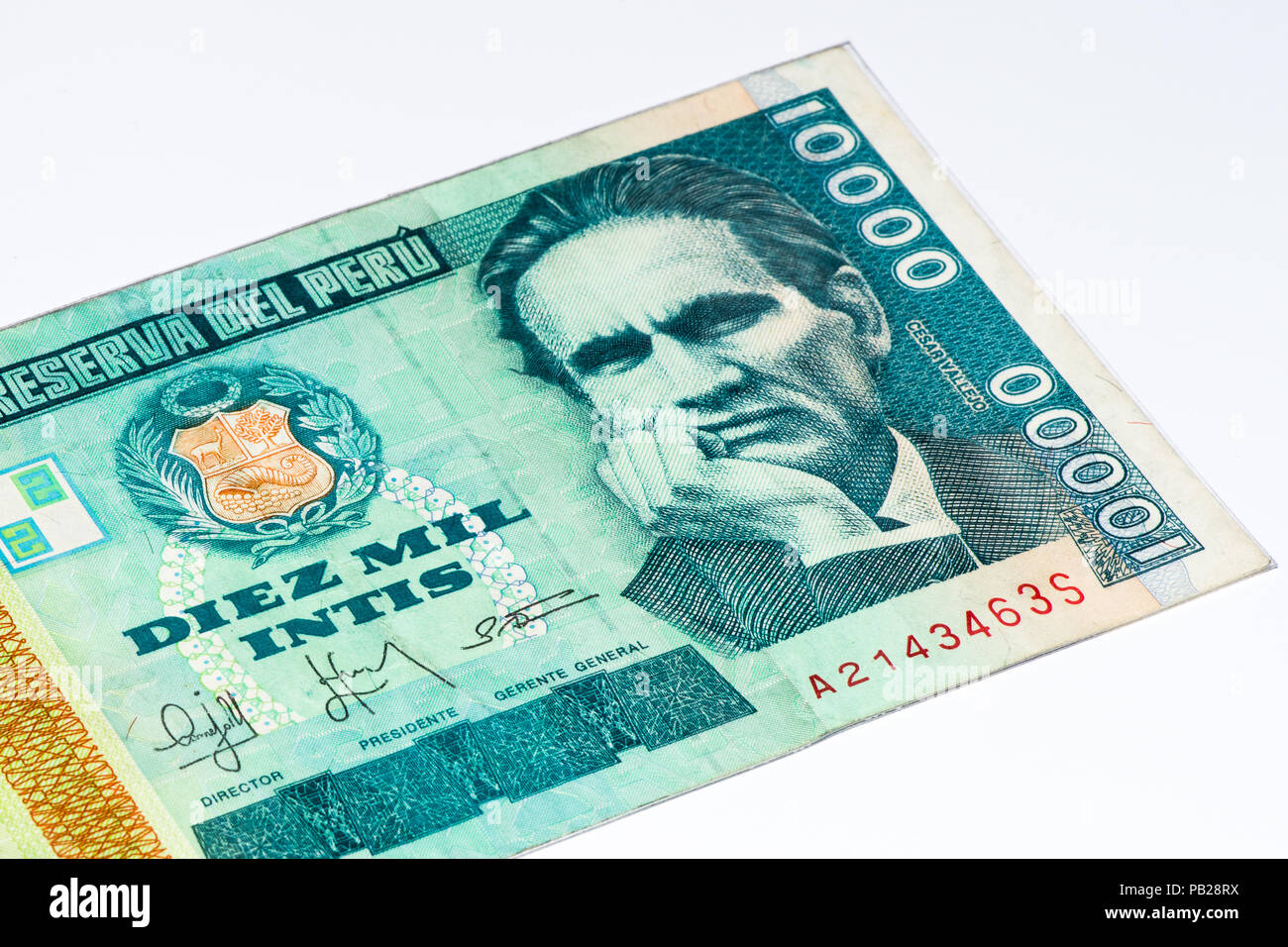 10000 intis bank note. Inti is the former currency of Peru Stock Photo ...