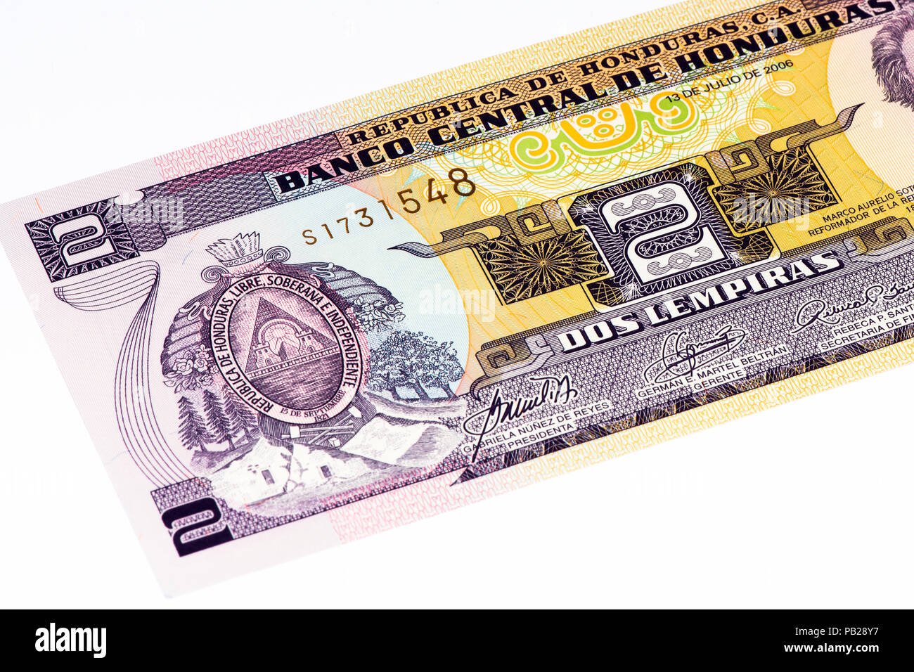 2 lempiras bank note. Lempira is the national currency of Honduras ...