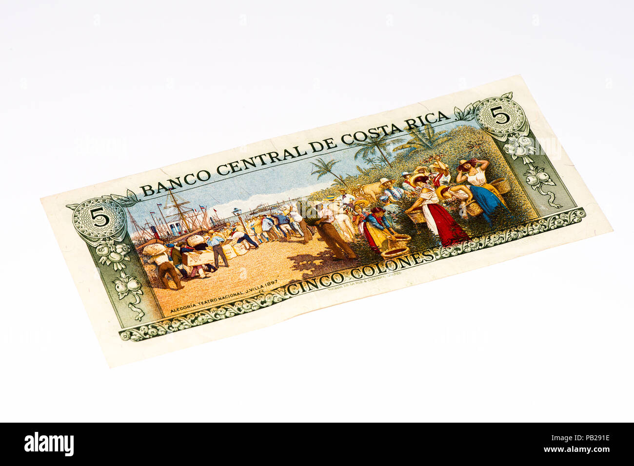 5 Costa Rican colones bank note. Colones is the national currency of ...
