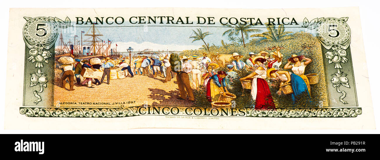 VELIKIE LUKI, RUSSIA - JULY 30, 2015: 5 Costa Rican colones bank note ...