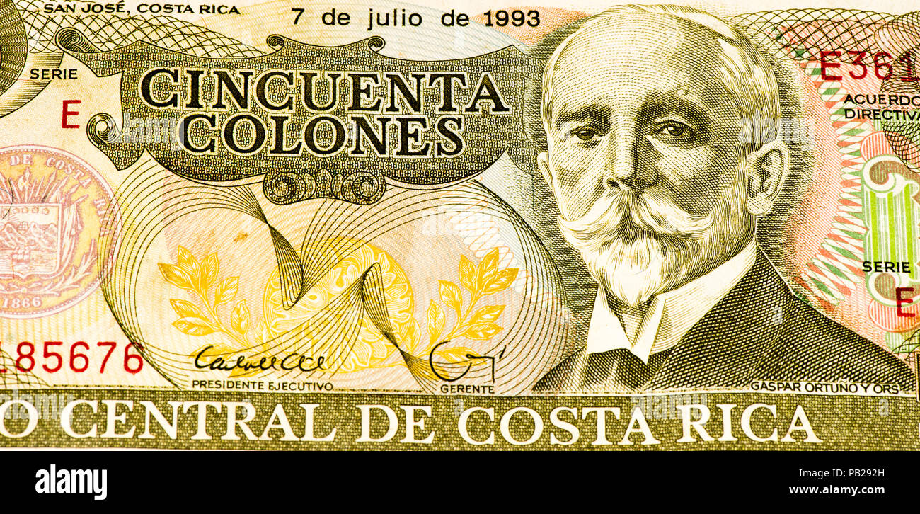 50 Costa Rican colones bank note. Colones is the national currency of ...