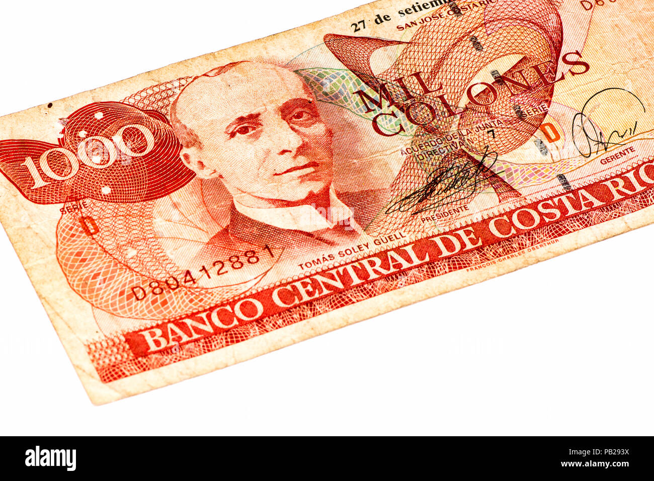 1000 Costa Rican colones bank note. Colones is the national currency of ...