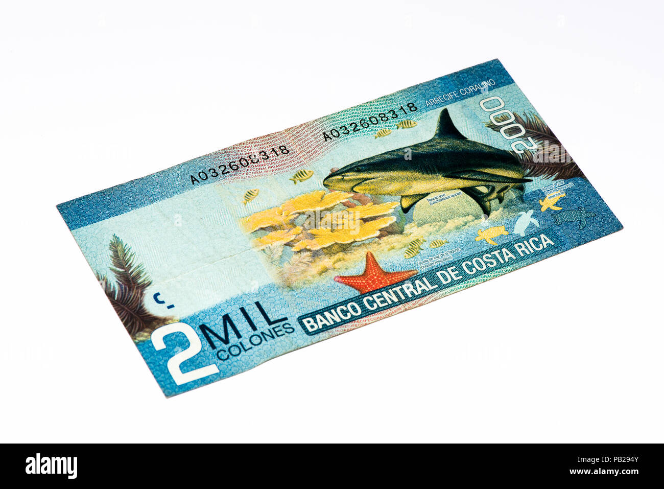 2000 Costa Rican colones bank note. Colones is the national currency of ...