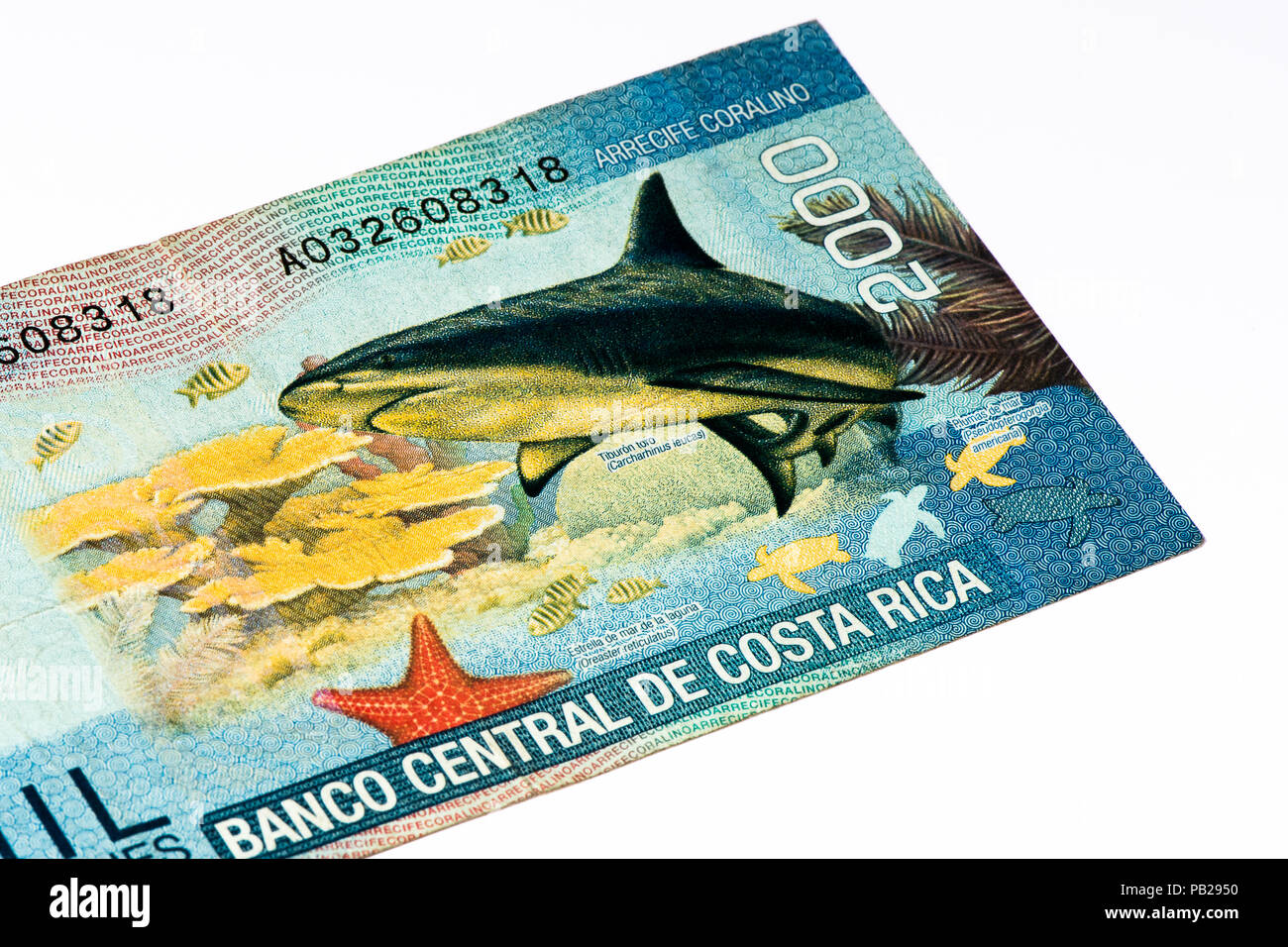 2000 Costa Rican colones bank note. Colones is the national currency of ...