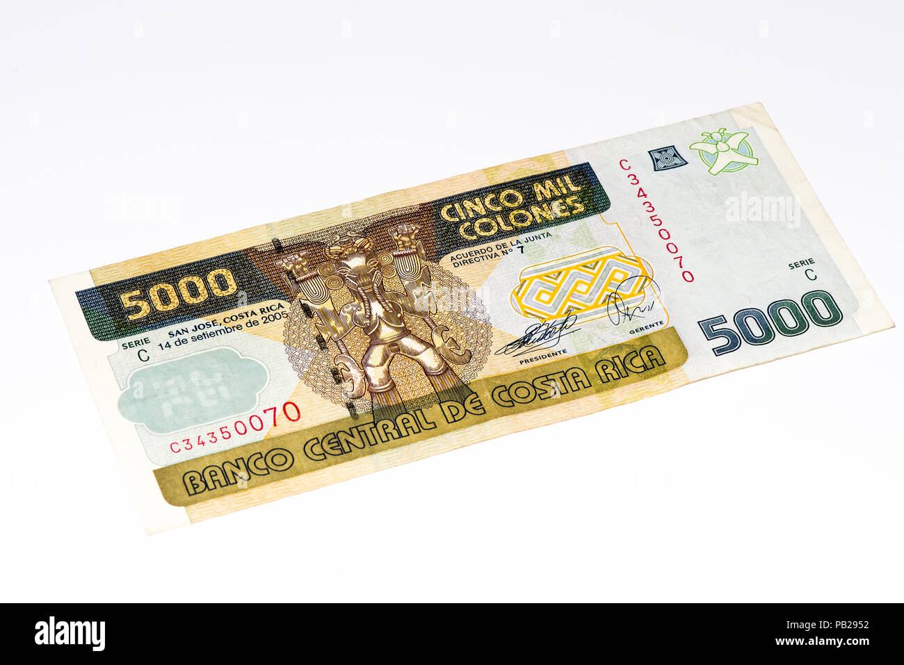 5000 Costa Rican colones bank note. Colones is the national currency of ...