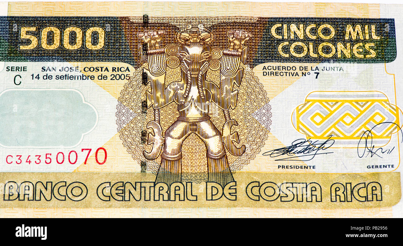 5000 Costa Rican colones bank note. Colones is the national currency of ...
