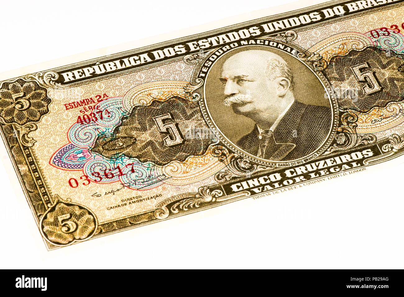 5 Brasilian cruzeiro bank note. Cruzeiro is the former currency of ...