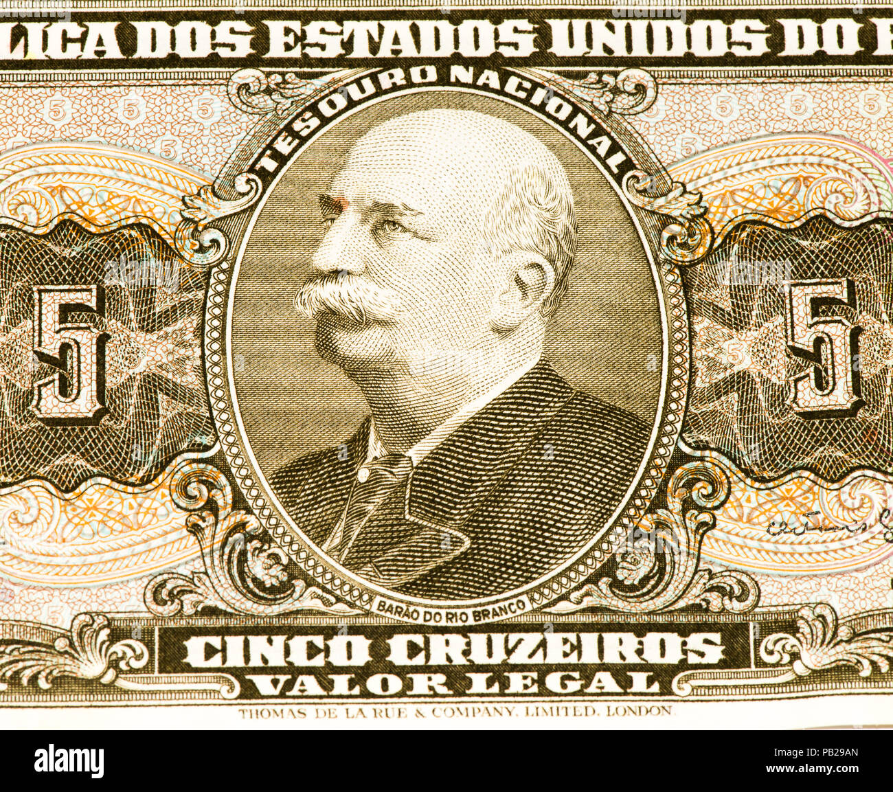 5 Brasilian cruzeiro bank note. Cruzeiro is the former currency of ...